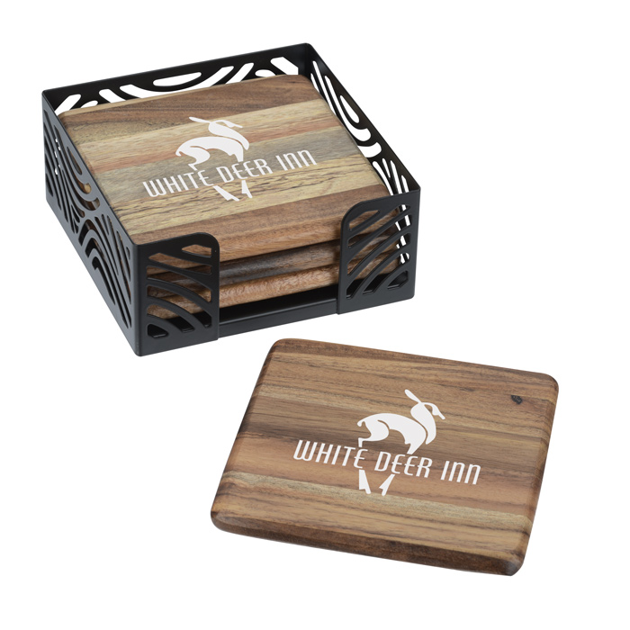 4imprint.ca: Acacia Wood 4-Piece Coaster Set in Metal Stand - Square ...